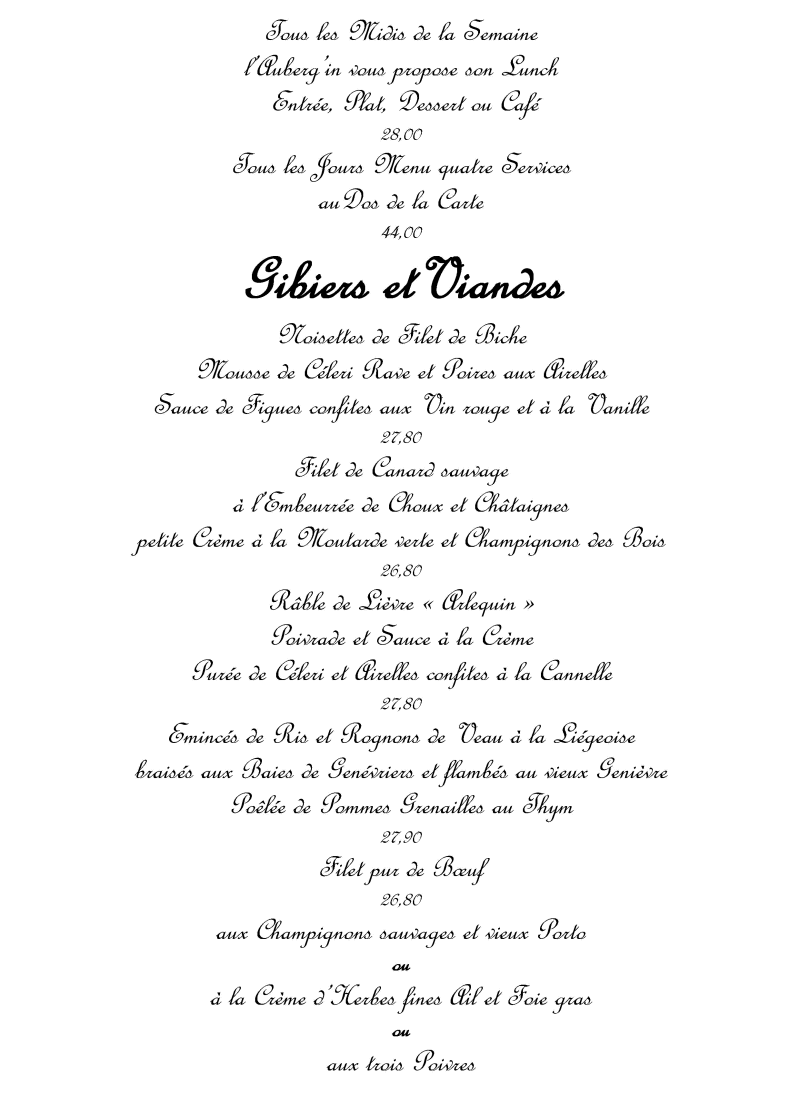 Menus et carte pour L'Auberg'In Cuisine française à Woluwe-Saint-Pierre ...
