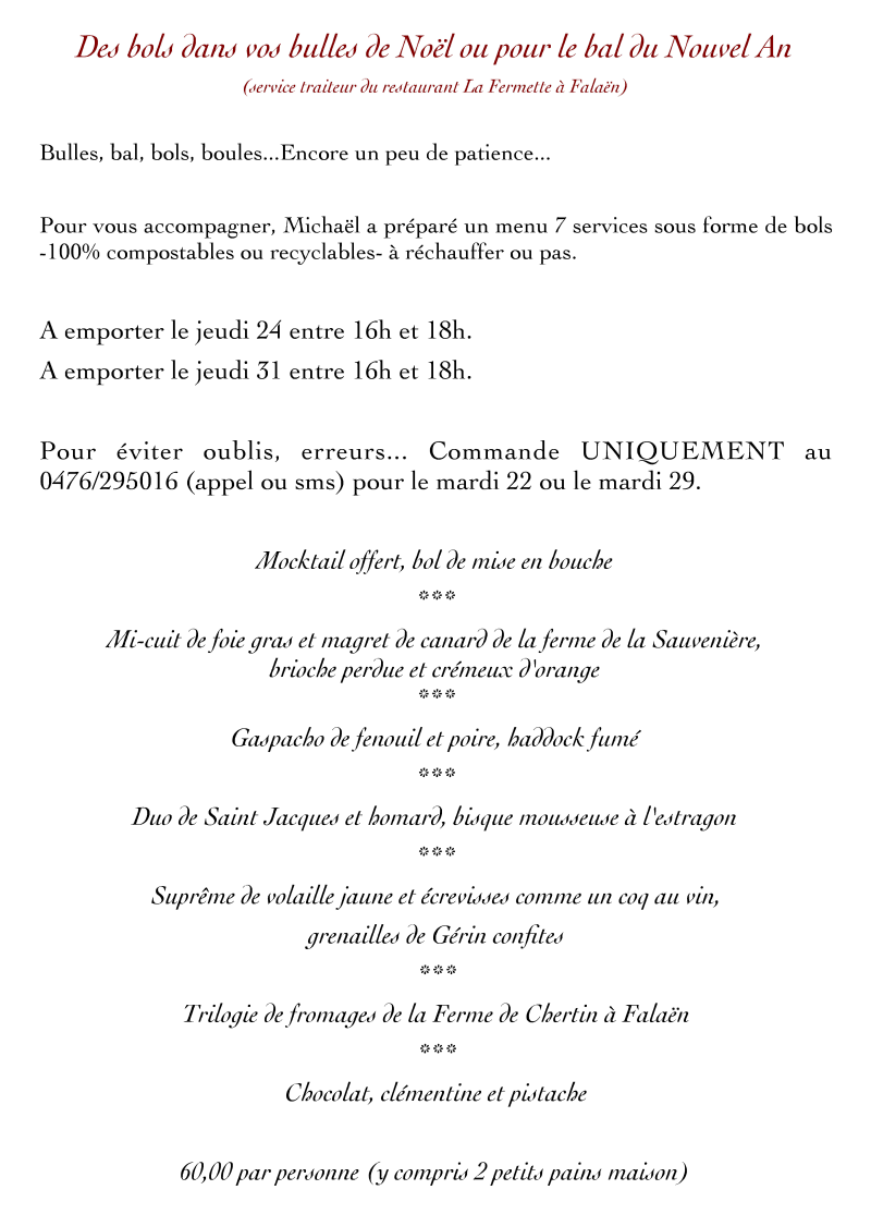 Menus de fêtes 2020 pour La Fermette Restaurant à Falaën