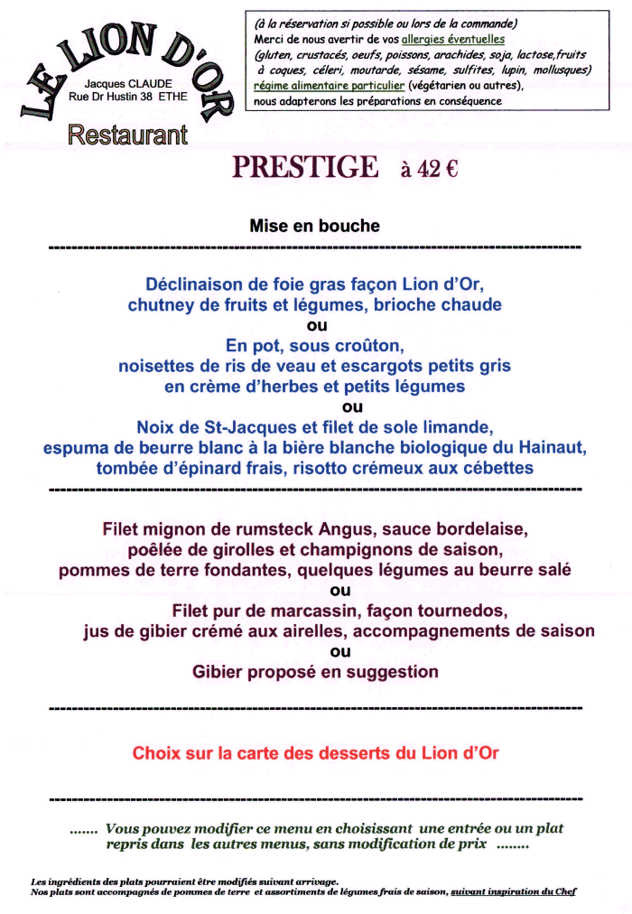 Menus et carte pour Le Lion d'Or Restaurant à Ethe
