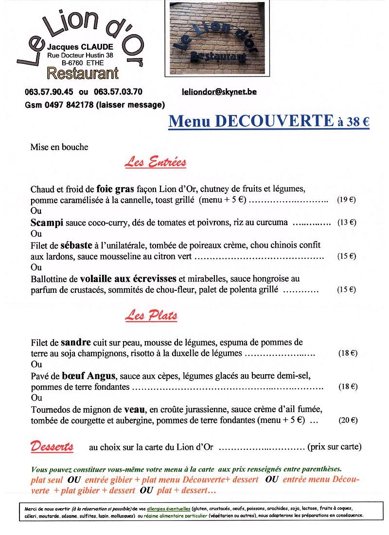 Menus et carte pour Le Lion d'Or Restaurant à Ethe