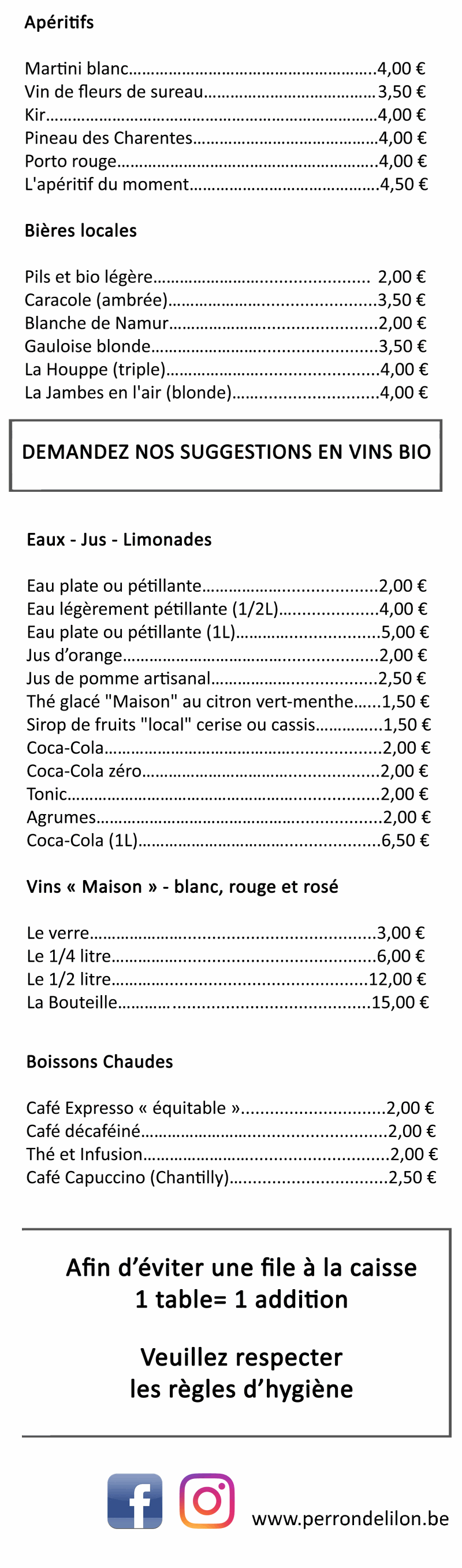 Menus et carte pour Le Perron de l'Ilon Restaurant à Namur