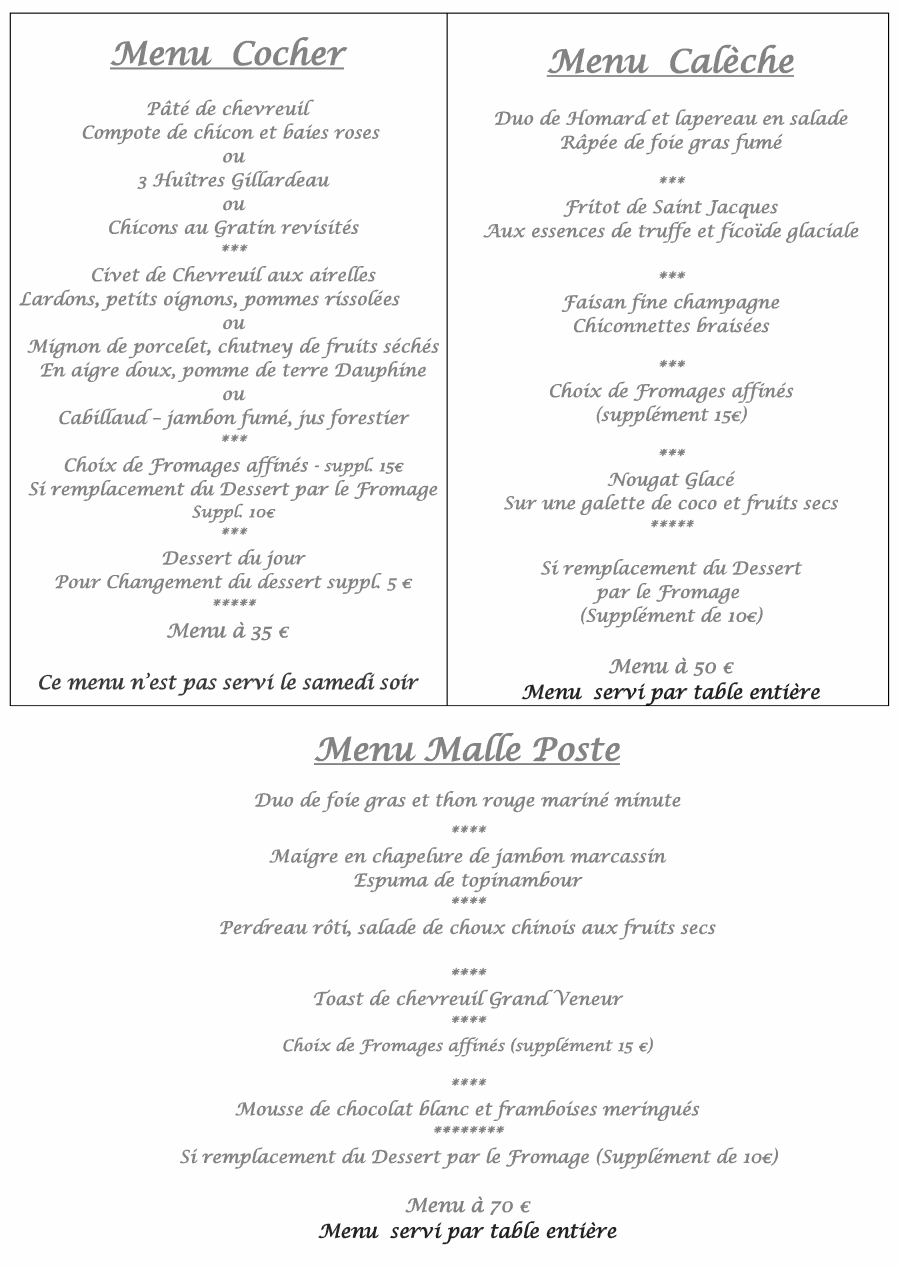 Menus et carte pour La Calèche Restaurant gastronomique - Hôtel à Rochefort