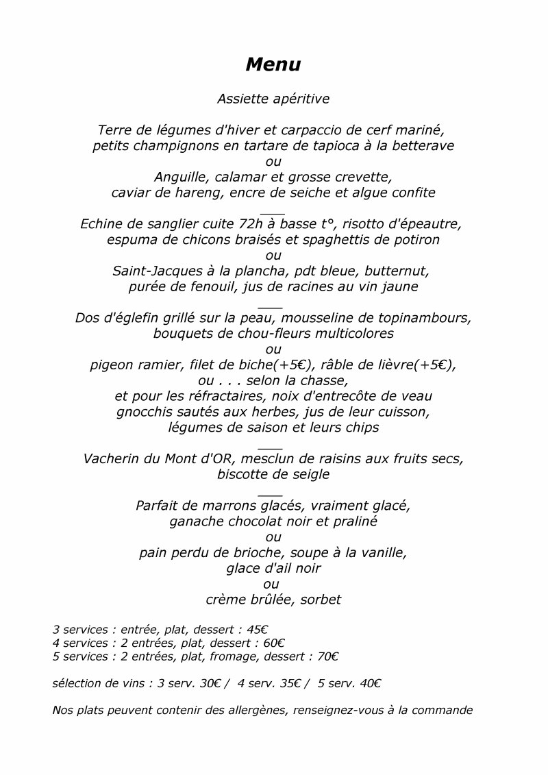 Menus et carte pour L'Art de Vivre Restaurant gastronomique à Spa