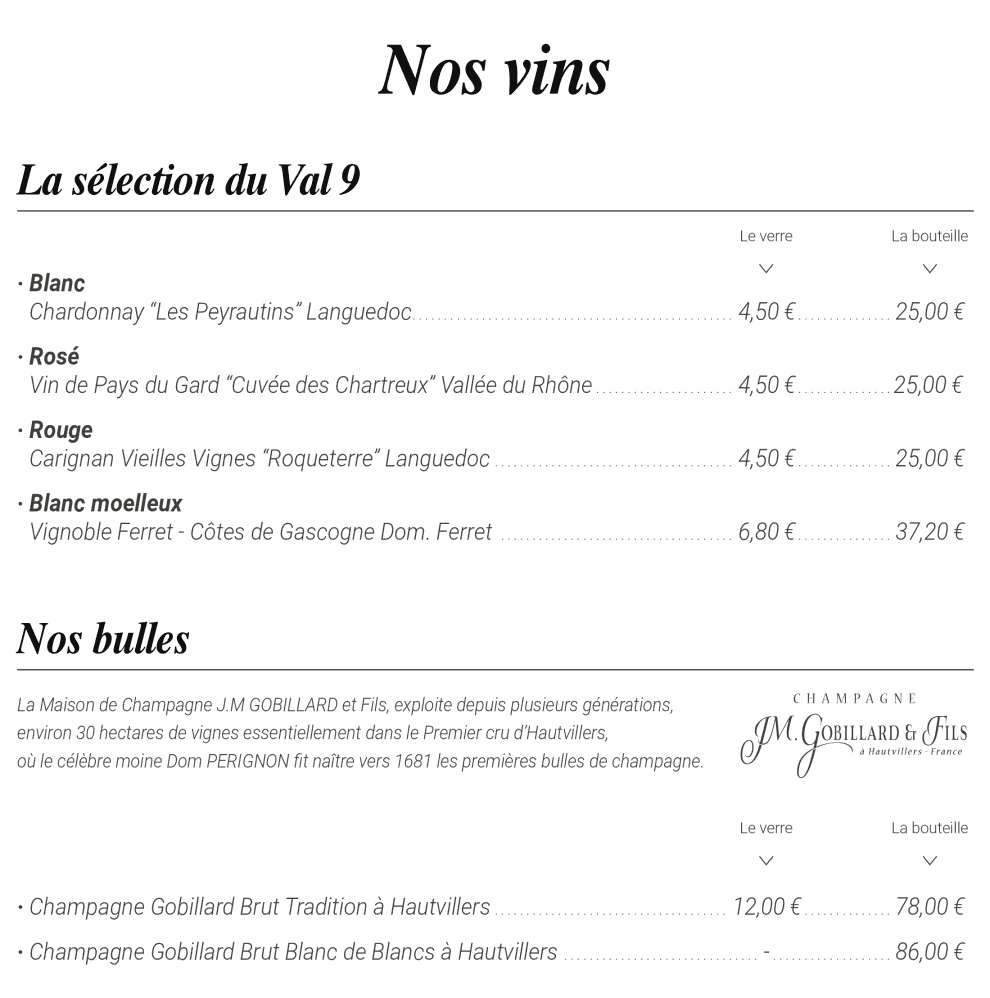Menus et carte pour Le Val 9 Brasserie à Wépion