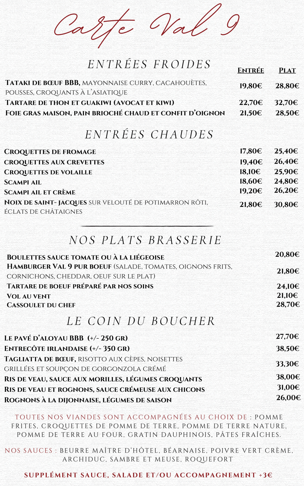 Menus et carte pour Le Val 9 Brasserie à Wépion